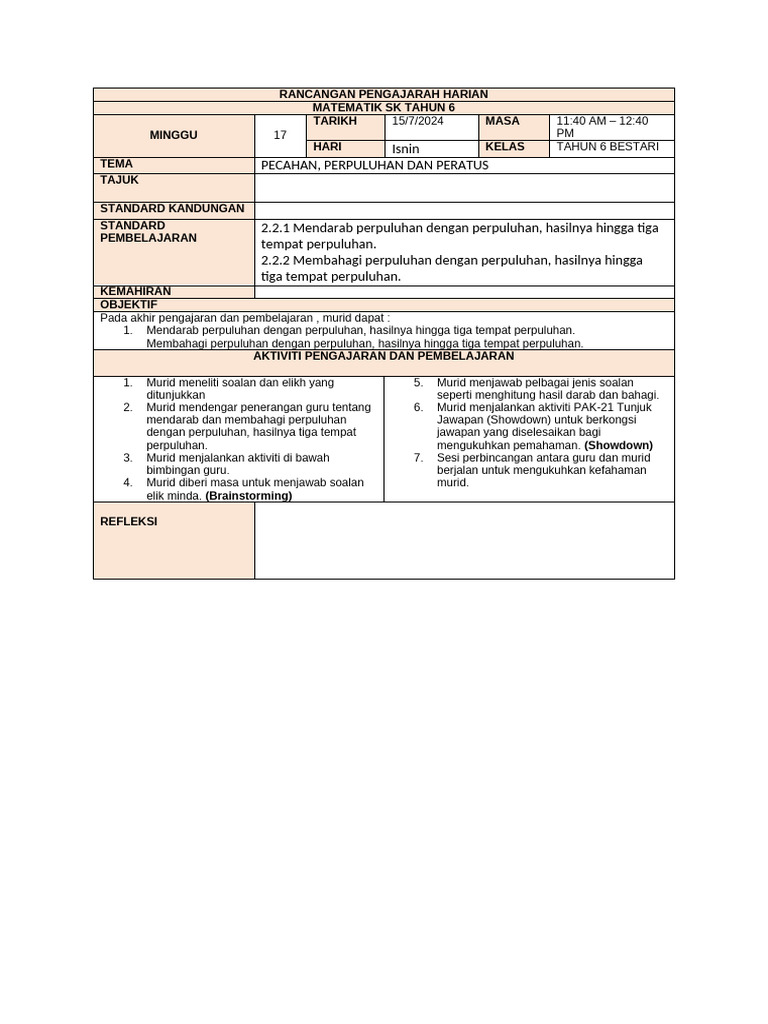 Minggu 15 Matematik SK Tahun 6B 2022 by Cikgu Gorgeous | PDF