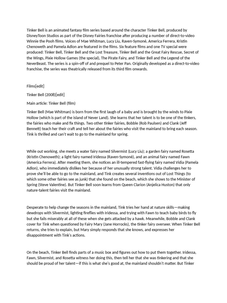 Tinker Bell is an animated fantasy film series based around the character Tinker Bell | PDF