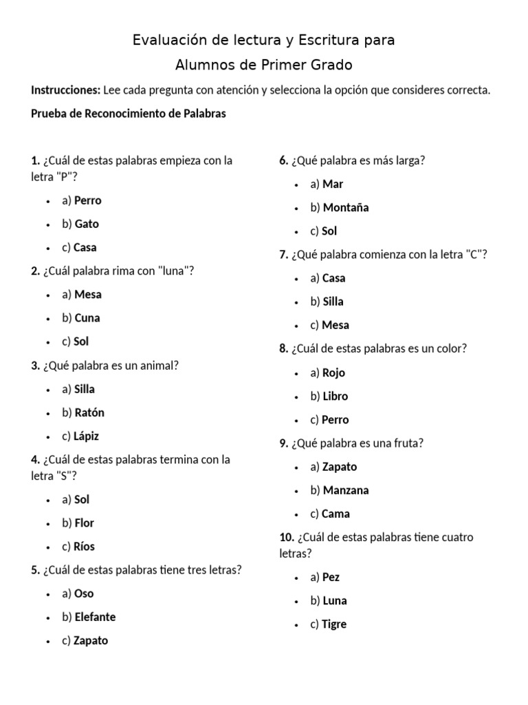 Evaluación de Lectura y Escritura para | PDF