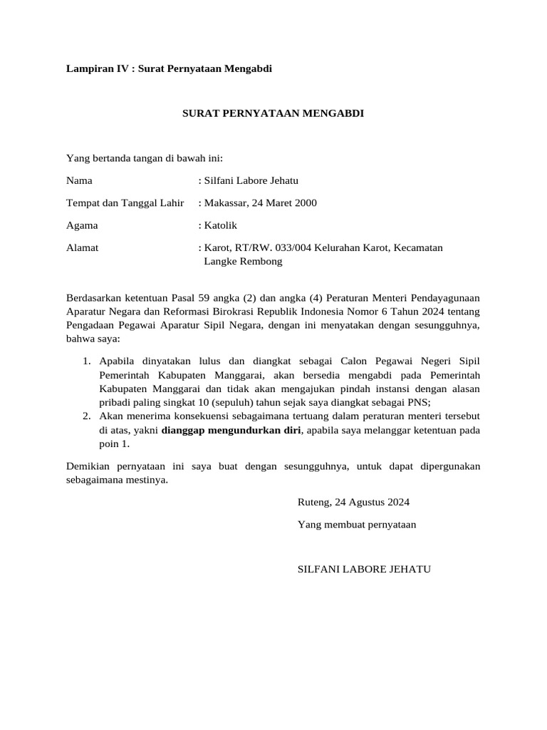 Surat Pernyataan Mengabdi | PDF