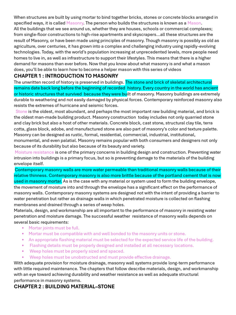 Masonry Notes-1 | PDF | Rock (Geology) | Science & Mathematics