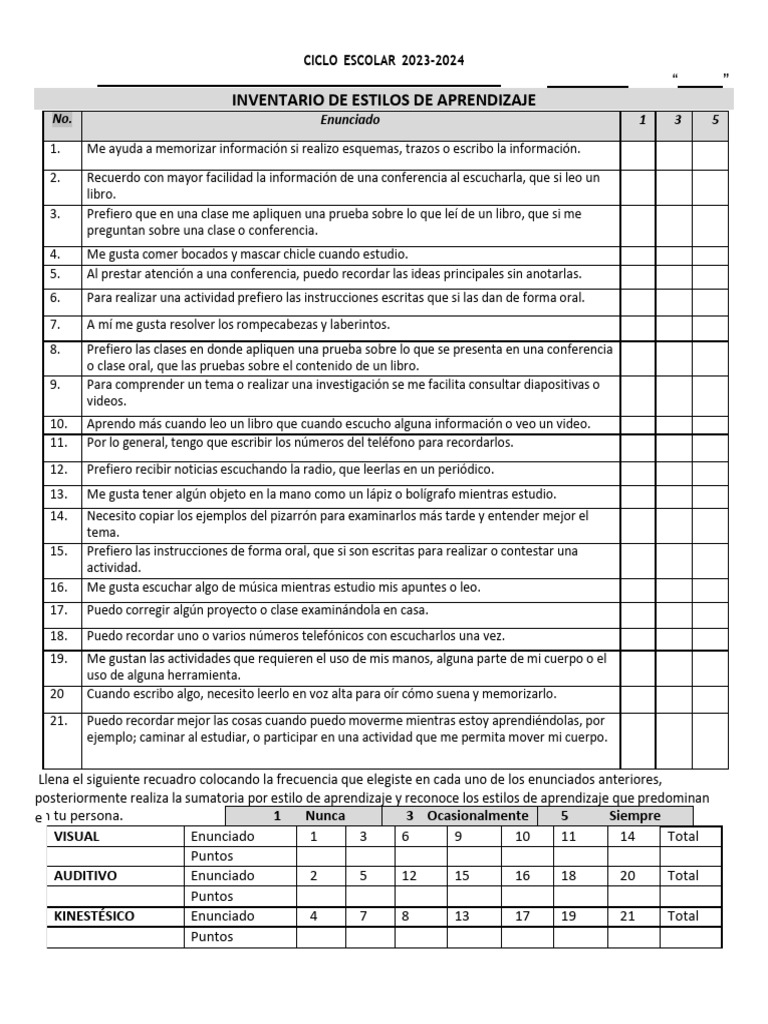 TEST VAK Estilos de Aprendizaje TELESECUNDARIA ROSENDO TARACENA PADRON ...
