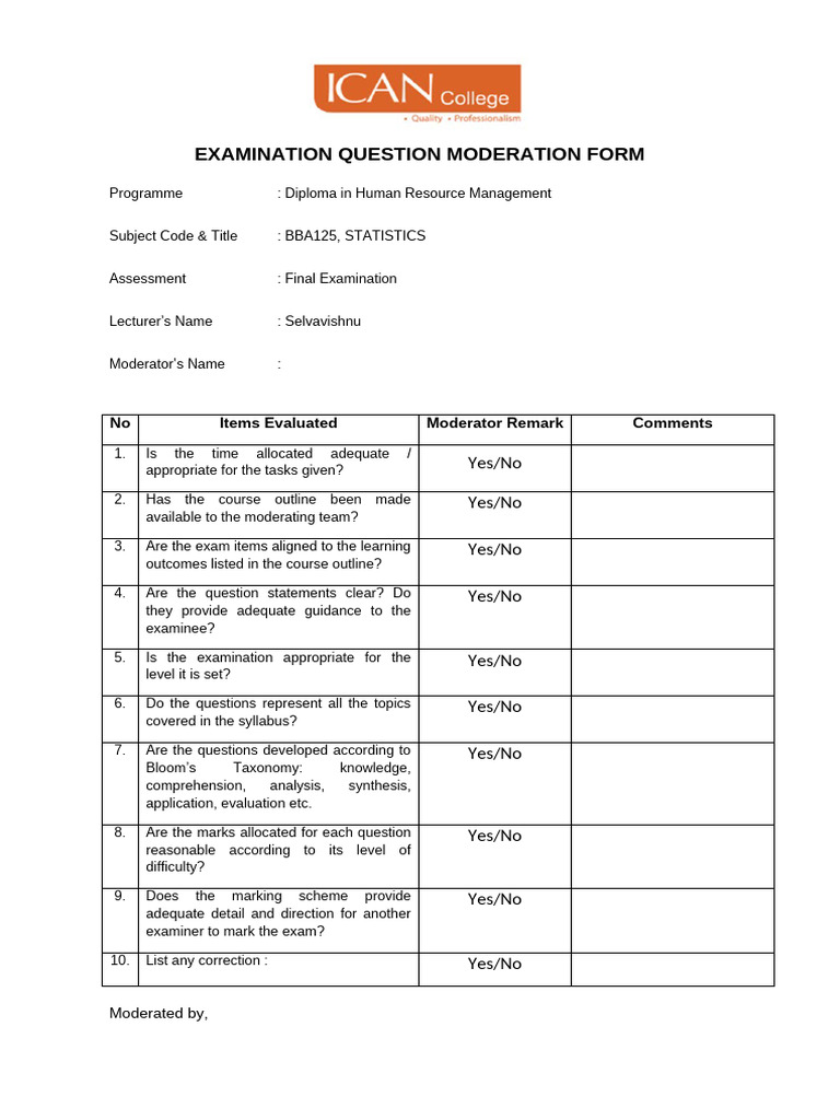 Internal Moderation Form ICAN College | PDF | Career & Growth