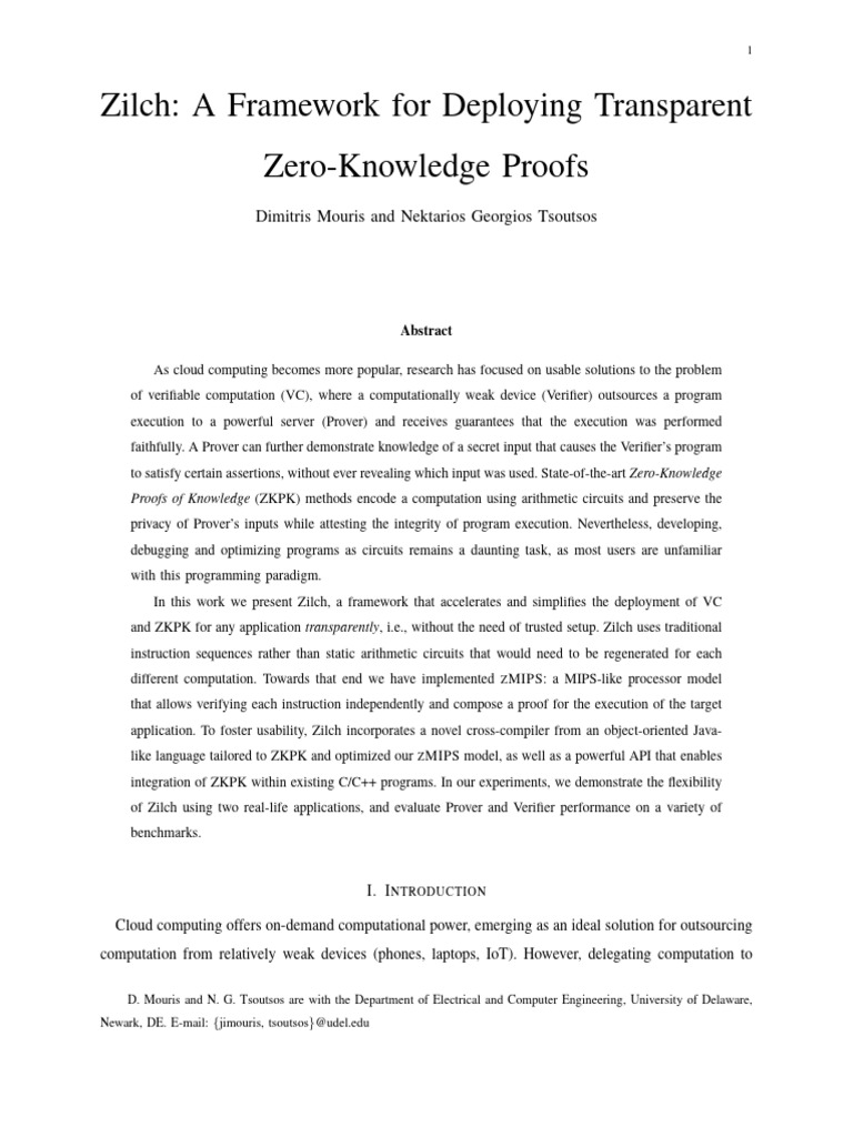 Zilch- A Framework for Deploying Transparent Zero-Knowledge Proofs | PDF