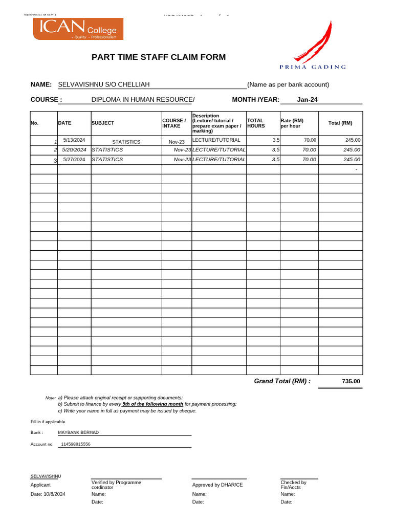 Part time Staff Claim Form (jan 2024) - Copy | PDF