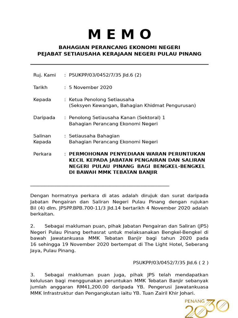 Memo Ke Seksyen Kewangan Utk Mohon Waran Bengkel JPS | PDF