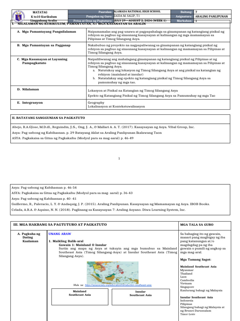 DLL Matatag - Araling Panlipunan 7 Q1 W1 | PDF