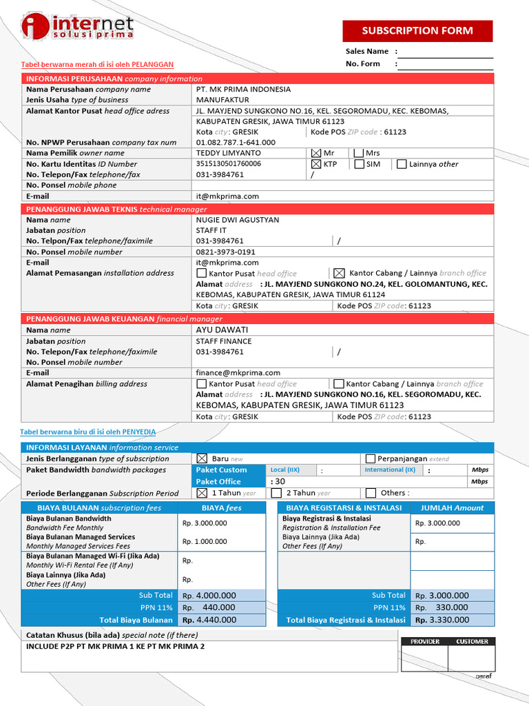 (Internet Solusi Prima) Subscription Form Wireless Connection - Pt. MK ...