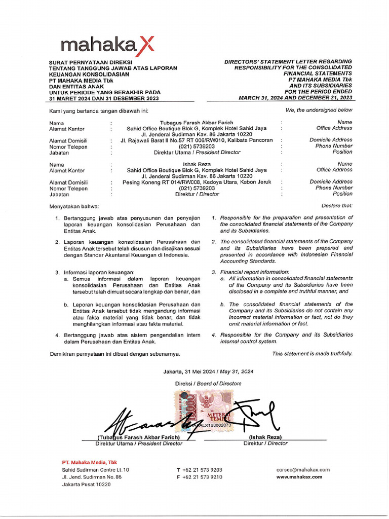 Surat Pernyataan Direksi PT ABBA Bilingual Signed | PDF