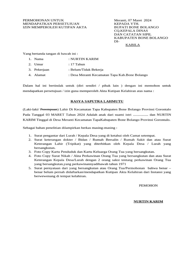 permohonan akta ANAK NURTIN KARIM | PDF
