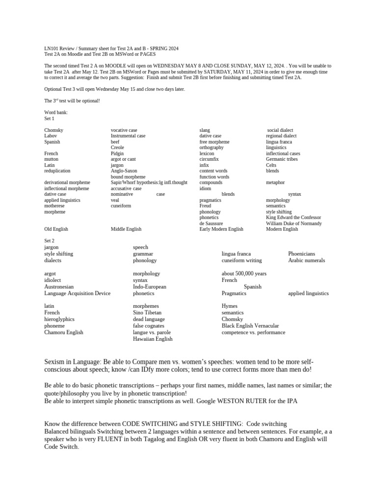 LN101 Test 2A 2B Review Summary Sheet Spring 2024 Final (1) | PDF