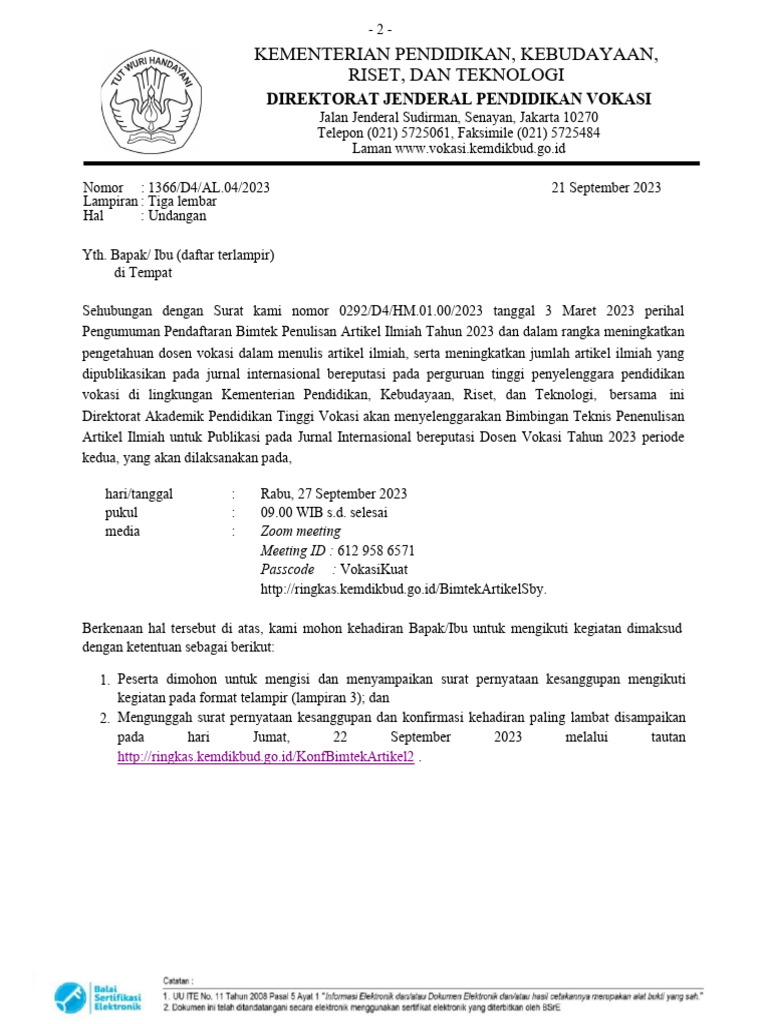 Surat-Undangan-Bimbik ARtikel Daring | PDF