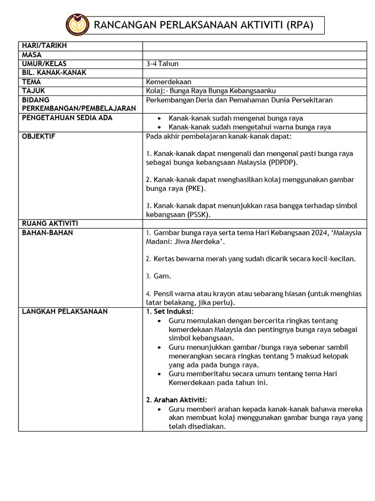 Contoh Rpa Kemerdekaan 3-4 Tahun | PDF
