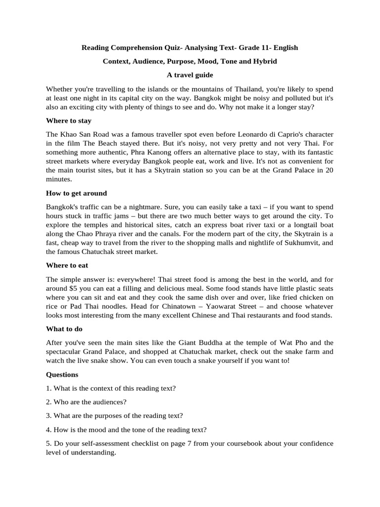 Reading Comprehension Quiz - Context, Audience, Purposes, Mood and Tone ...