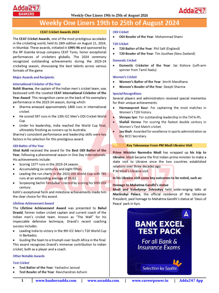 Weekly-One-Liners-19th-to-25th-of-August-2024 | PDF