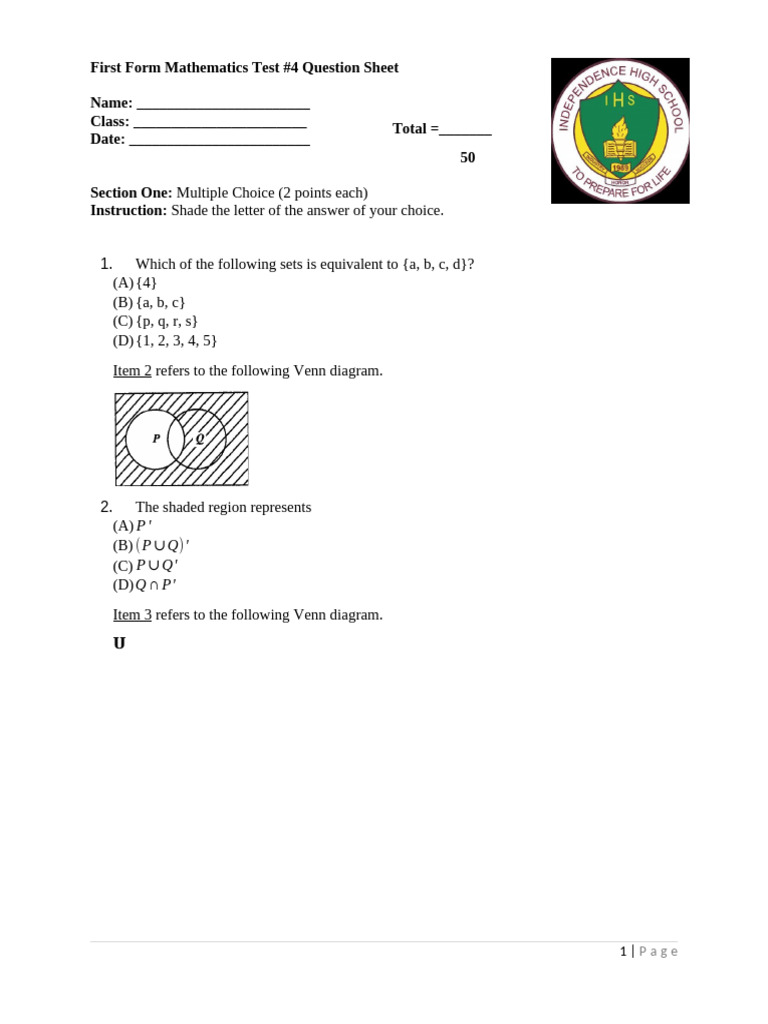 First Form Mathematics Test 4 On Venn Diagrams | PDF | Mathematical ...