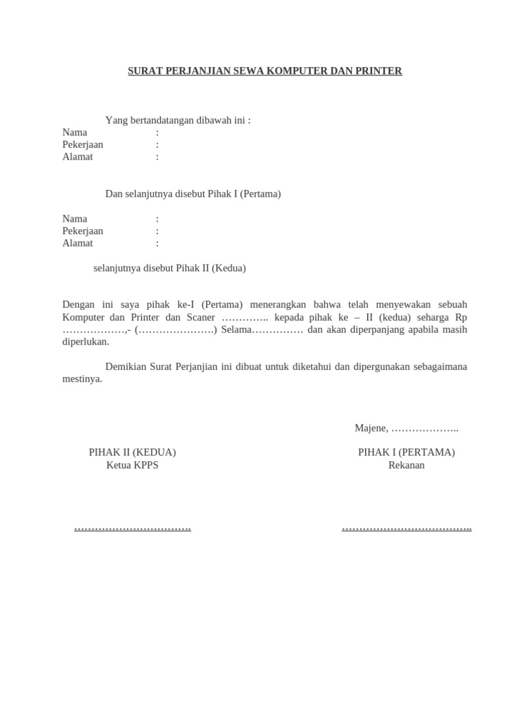 Surat Perjanjian Sewa Komputer Dan Printer | PDF