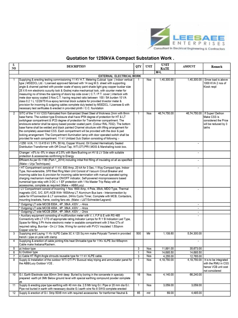 BOQ For 11 kV1250 Kva Connection | PDF | Electrical Equipment | Power ...