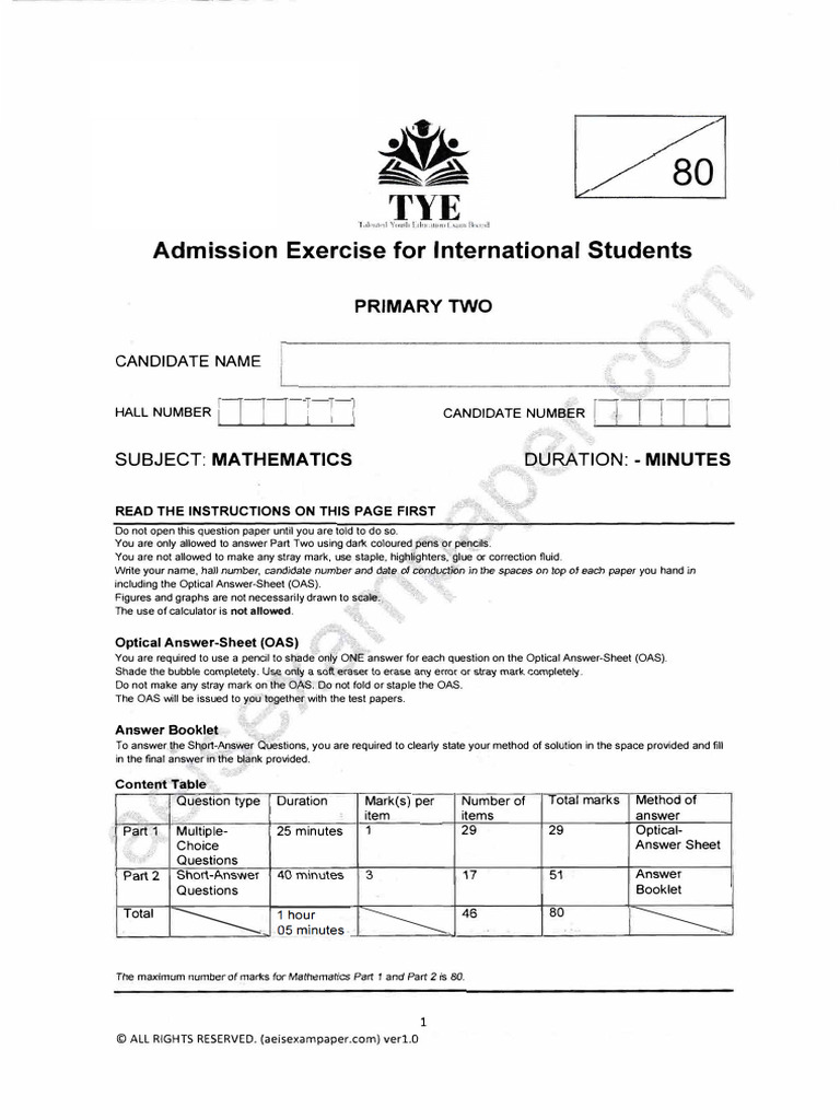 P2 AEIS Math Exam Papers (TYE 5 Years Series) | PDF