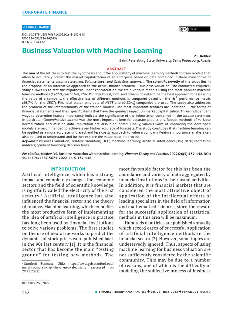 Business Valuation With Machine Learning 2022 | PDF