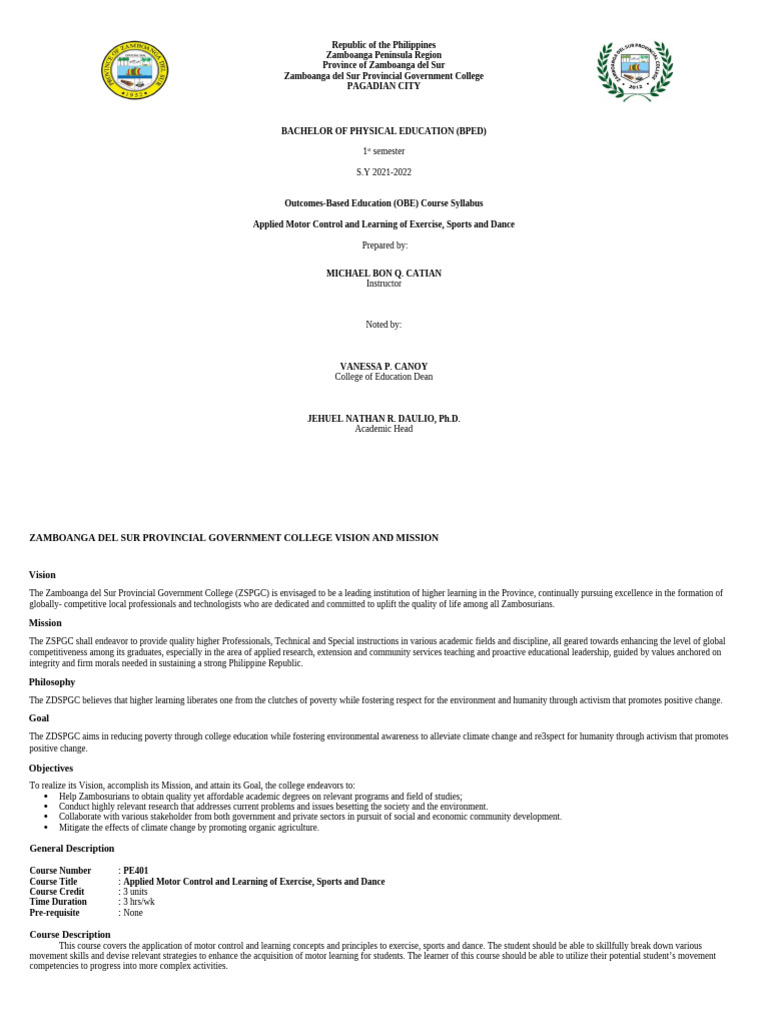 PE 201 Applied Motor Control and Learning of Exercise, Sports & Dance | PDF