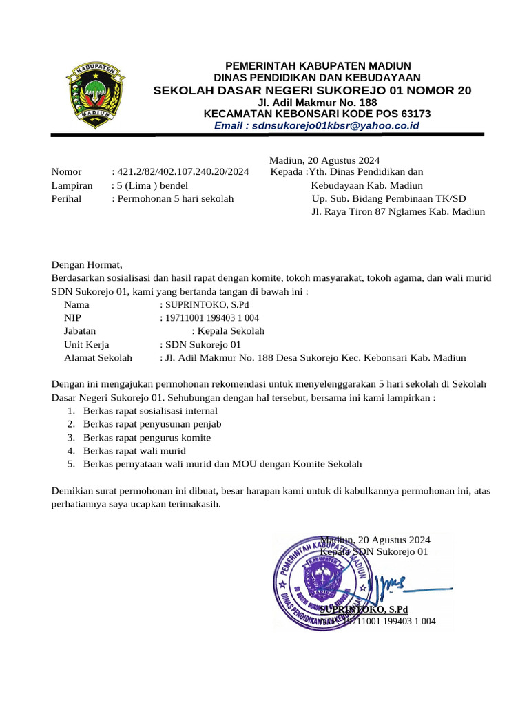 Surat Permohonan 5 Hari Sekolah SDN Sukorejo 01 - 20 Agustus 2024 | PDF