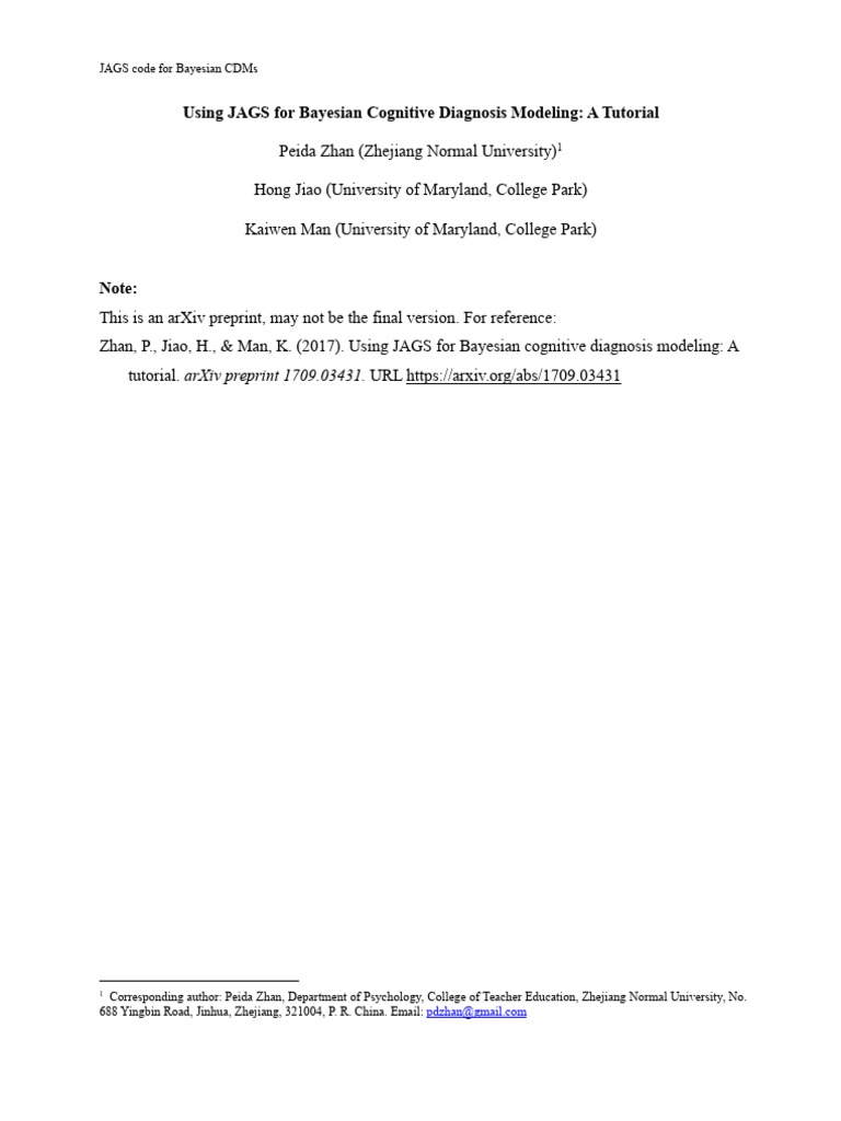 Using JAGS For Bayesian Cognitive Diagnosis Modeling - A Tutorial | PDF