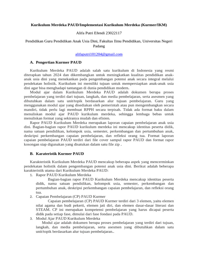 Kurikulum Merdeka PAUD Implementasi Kuri | PDF