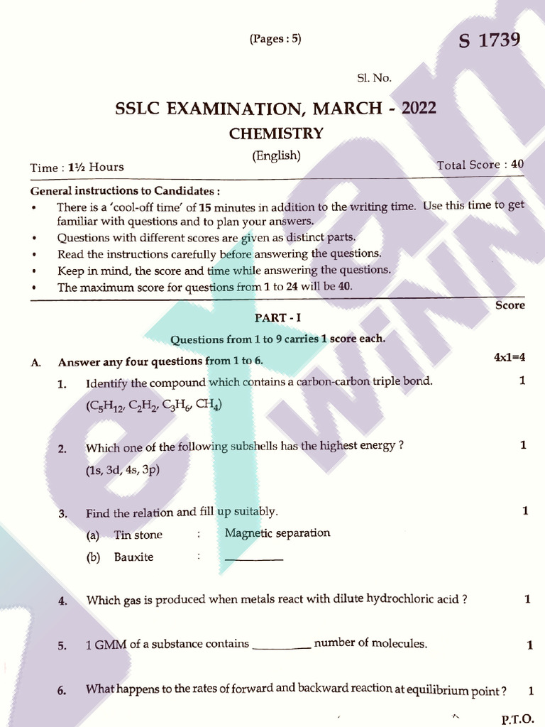 CHEMISTRY English Medium SSLC 2022 Question Paper | PDF