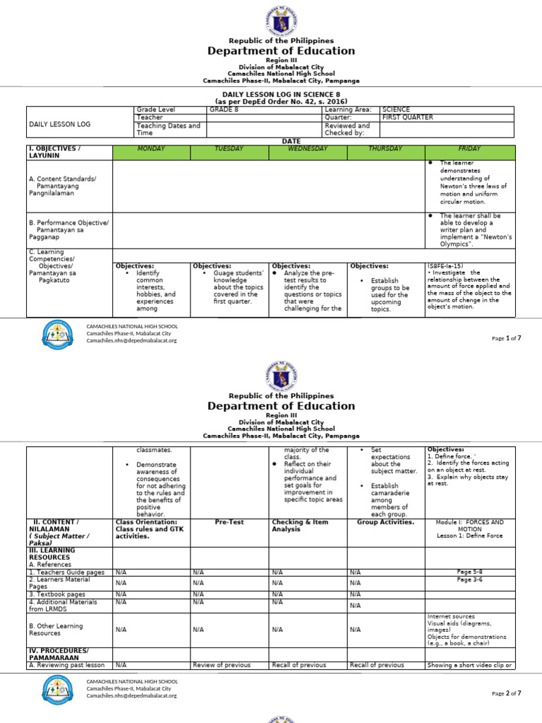 DLL 8 Q1w1 Orientation Week | PDF | Force | Learning