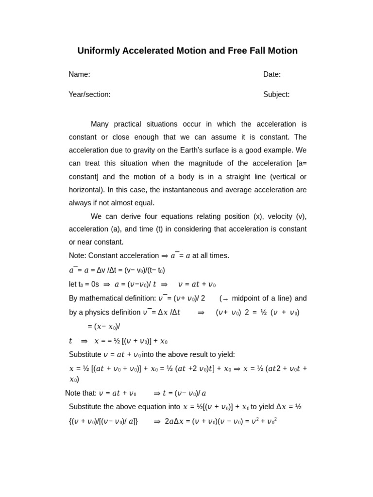 Uniformly Accelerated Motion and Free Fall Motion Remedial Class | PDF