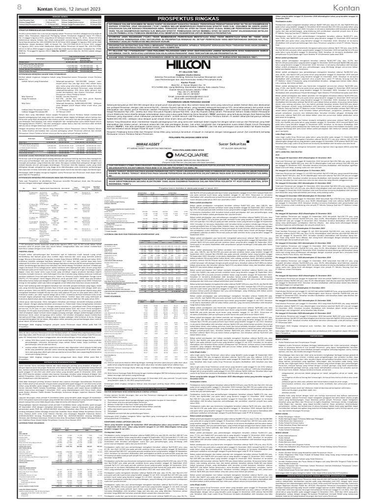 S - Prospektus Ringkas PT Hillcon TBK (Koran Kontan 12 Januari 2023) | PDF