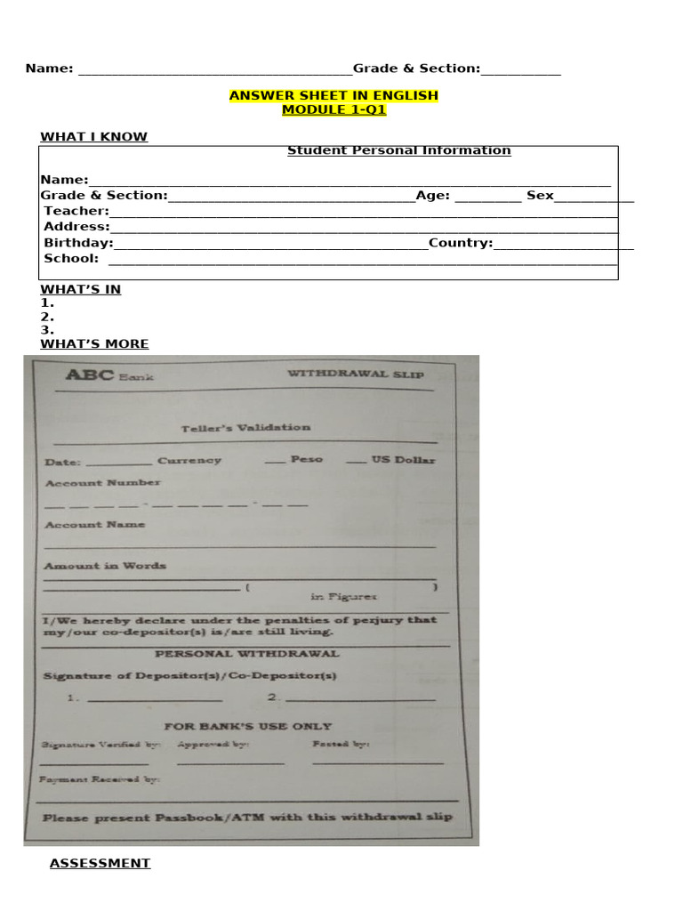 Answer Sheet in Module 1 Final-Q1 | PDF