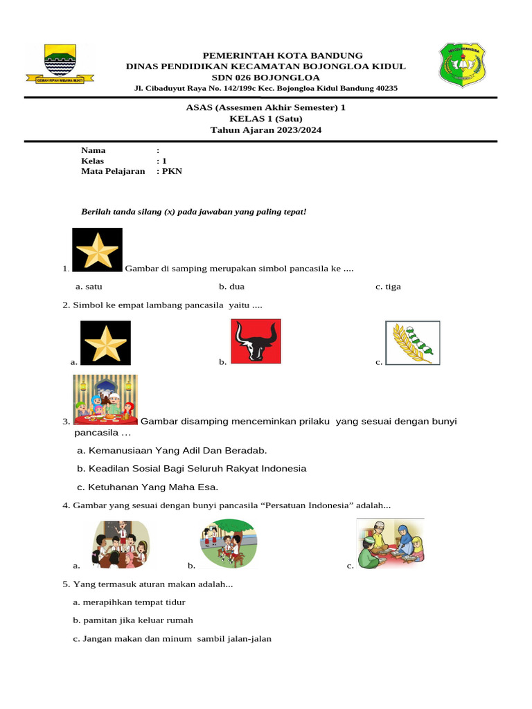Soal PKN Kumer Kelas 1 2023-2024 | PDF