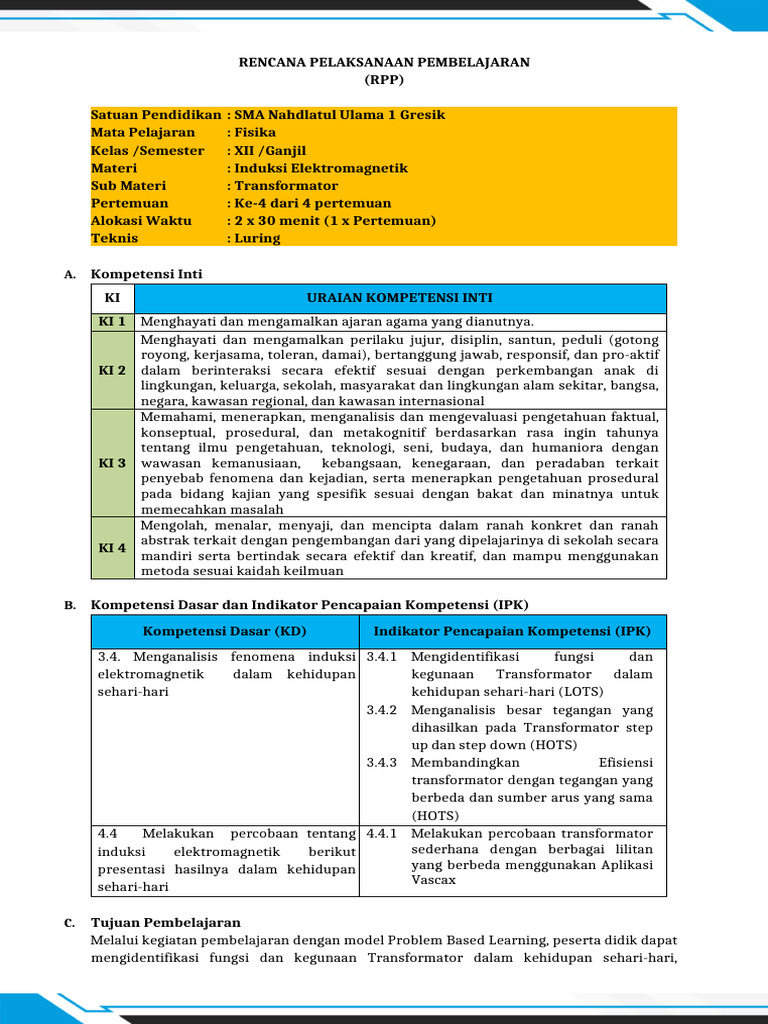 RPP TRANSFORMATOR FARIS A.A. EDIT - Luring | PDF