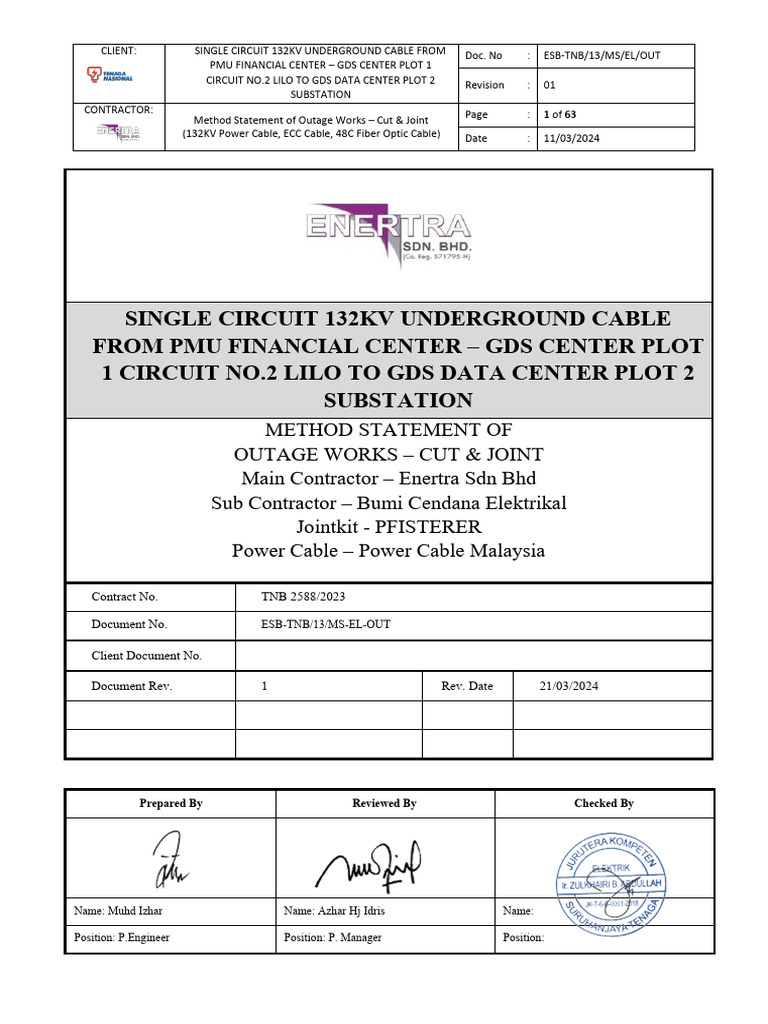 Method Statement Ugc Works (Outage - Cut & Joint) - r1 | PDF