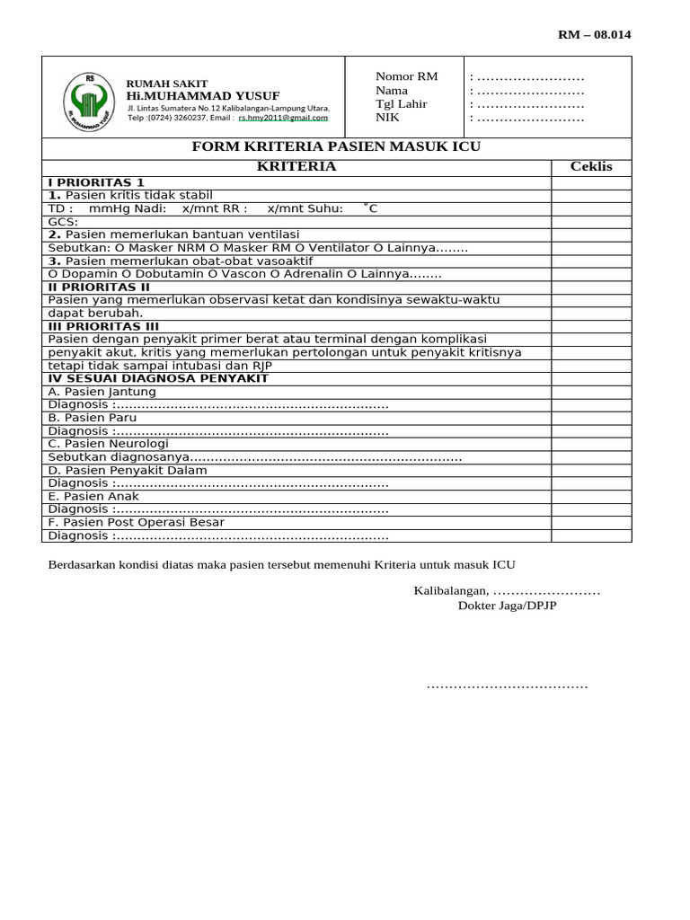 Form Kriteria Masuk Icu | PDF