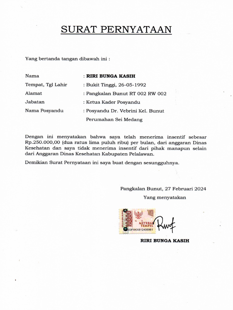 Surat Pernyataan Kader Posyandu Sei Medang | PDF