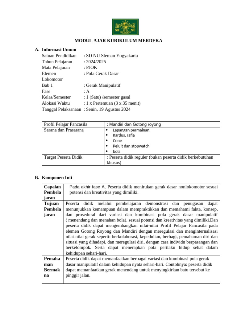 Modul Ajar 4 Kelas 1 PJOK Senam Lantai Senin, 26 Ags 2024 | PDF
