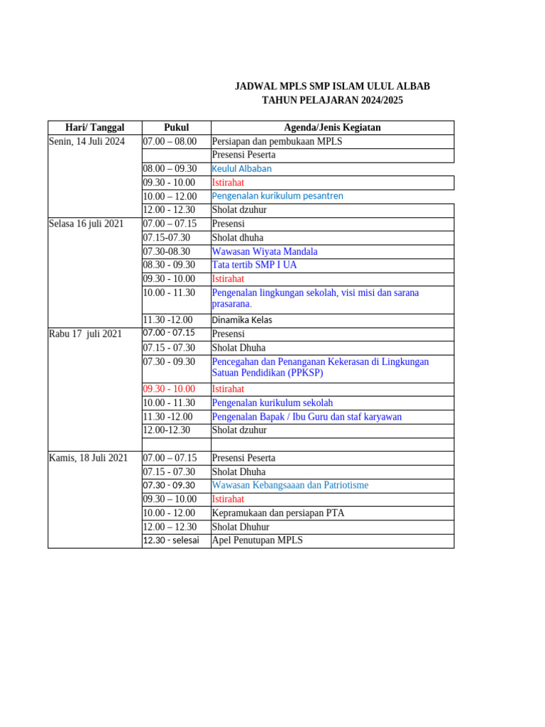 Jadwal MPLS SMP Islam Ulul Albab 24-25 | PDF