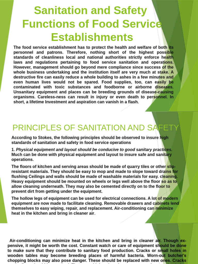 Sanitation and Safety Functions of Food Service Establishments | PDF