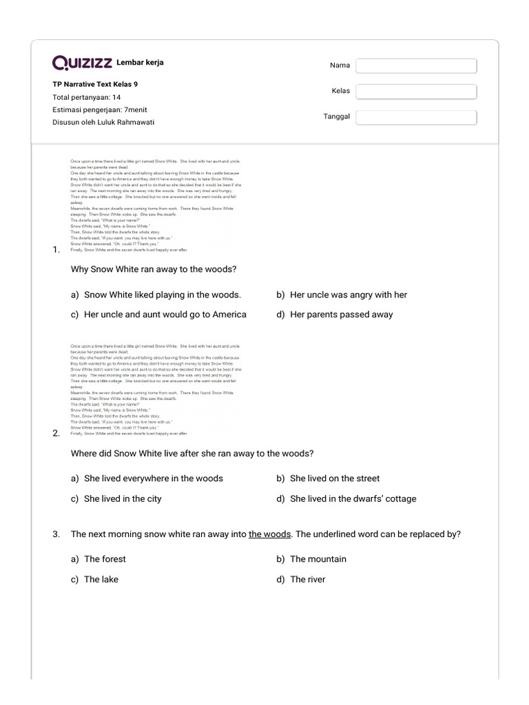 TP Narrative Text Kelas 9 _ Quizizz | PDF