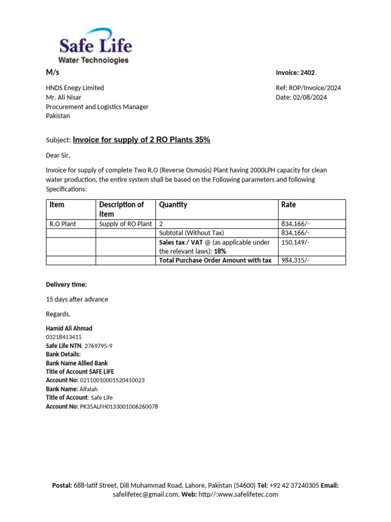 Invoice 2402 For RO Plant For HNDS Energy | PDF