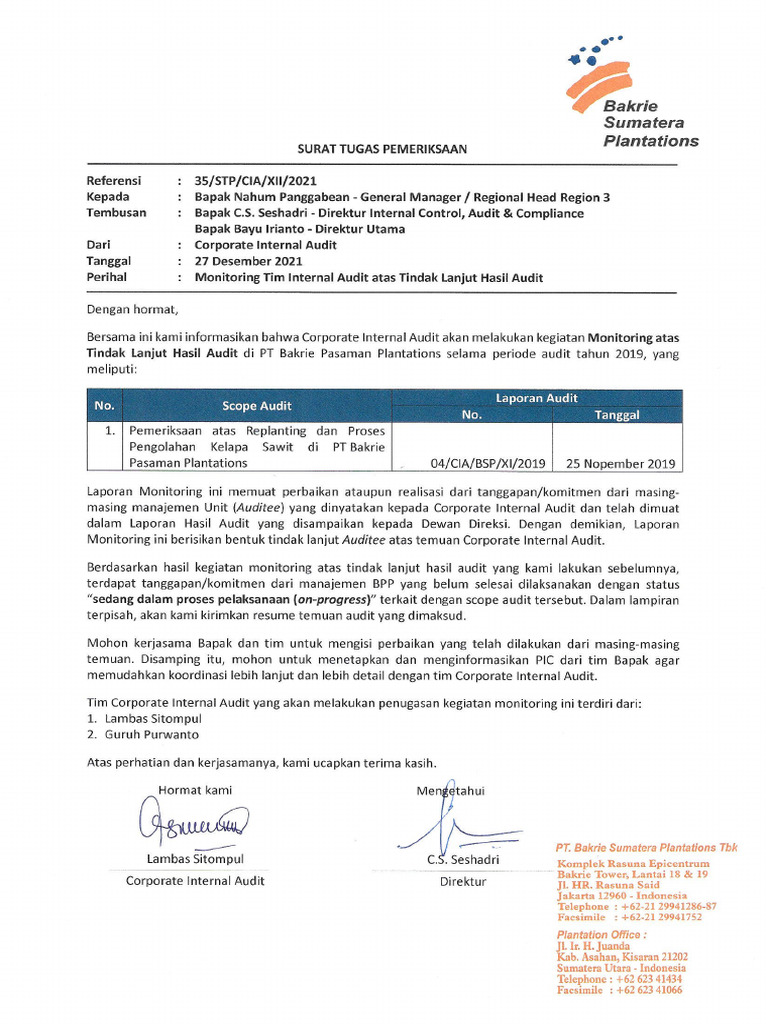 35-STP-CIA-XII-2021 Surat Tugas Monitoring Tindak Lanjut Hasil Audit BPP | PDF