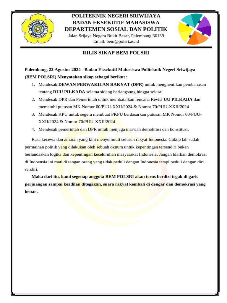 Rilis Sikap Bem Polsri Acc | PDF