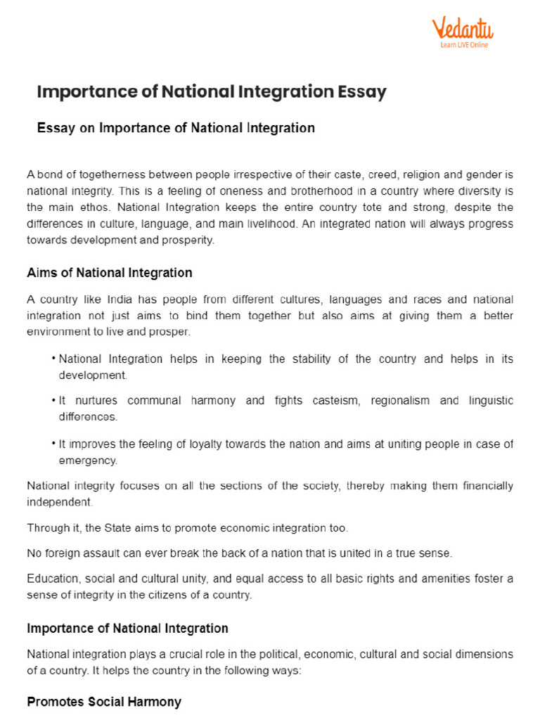 Importance of National Integration Essay | PDF