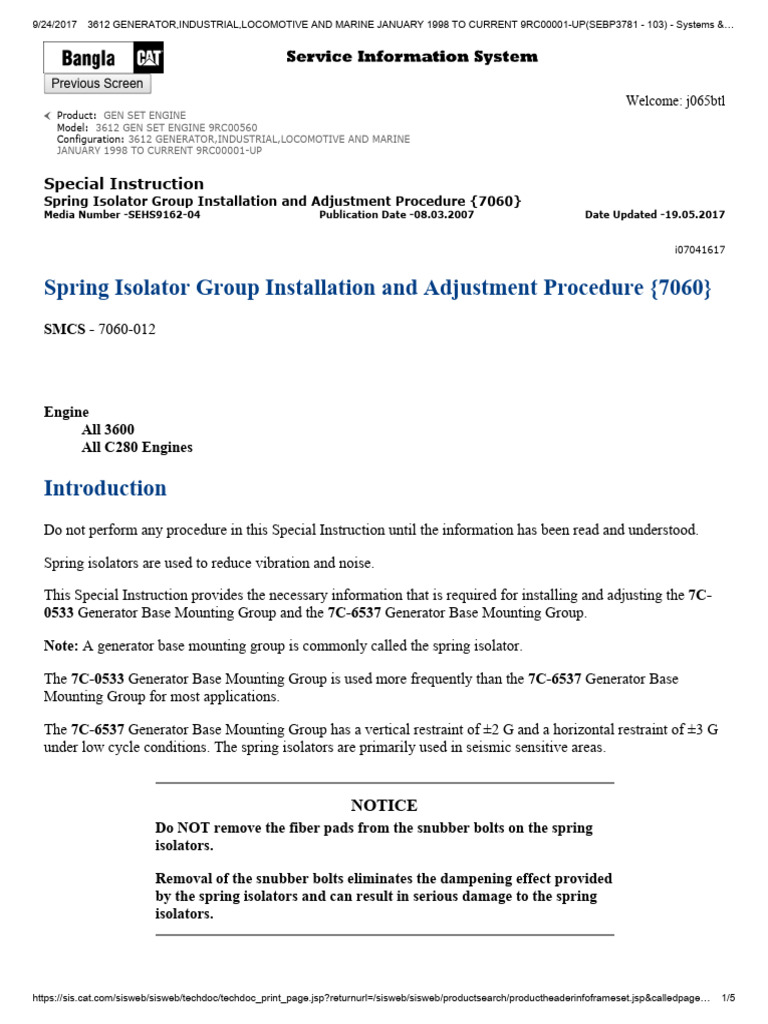 Spring Isolator Group Installation and Adjustment Procedure | PDF