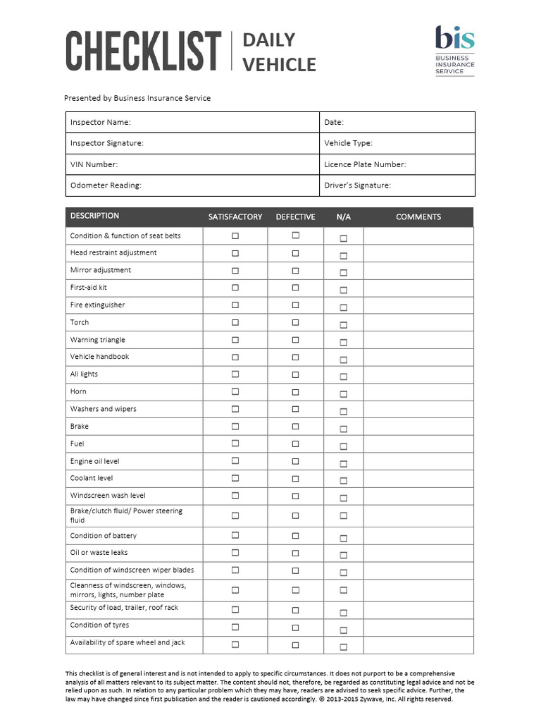 Daily Vehicle Checklist Template | PDF | Car | Vehicle Technology