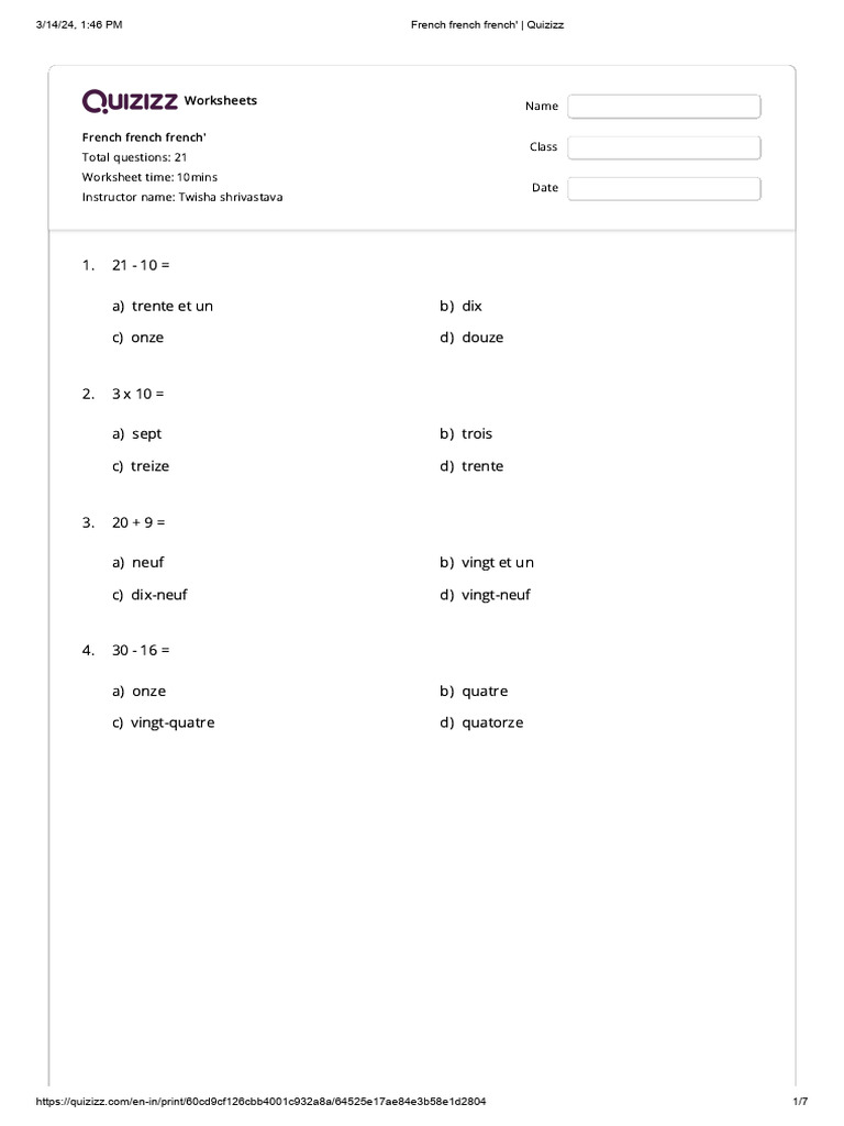 Class 7 Work Sheet French 15 | PDF