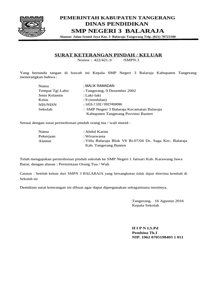Surat Mutasi Siswa 2022 | PDF